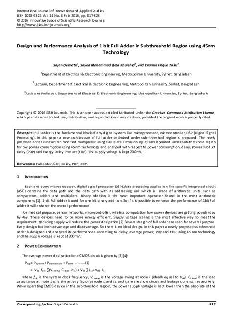 Pdf Design And Performance Analysis Of 1 Bit Full Adder In