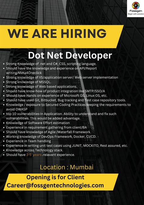 fossgen technologies on linkedin urgently looking dot net developer