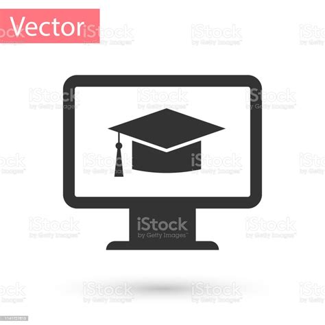 회색 컴퓨터 모니터와 졸업 모자 아이콘 흰색 배경에 고립 온라인 학습 또는 E러닝 개념 인터넷 지식 기호입니다 벡터 일러스트