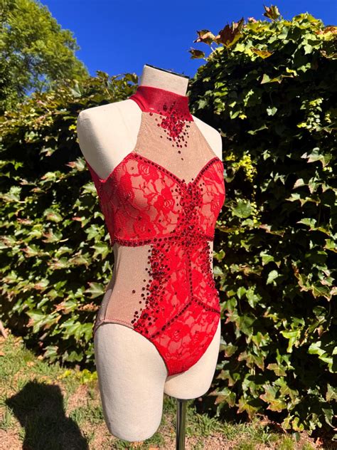 Red Lace And Rhinestone Leotard With Mesh Cutouts Halter Circus