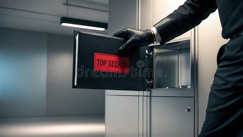 Top Secret Classified Document In Black Folder Being Stolen From Office Filing Cabinet By Person