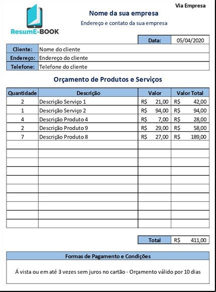 Planilha De Orçamento De Produtos E Serviços Em Excel Libre
