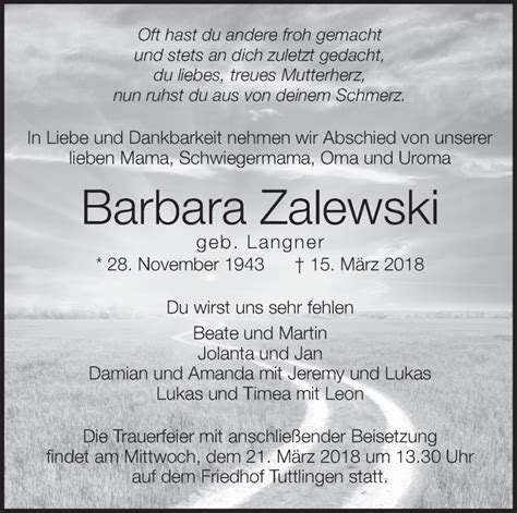Traueranzeigen Von Barbara Zalewski Schwaebische De Trauerportal