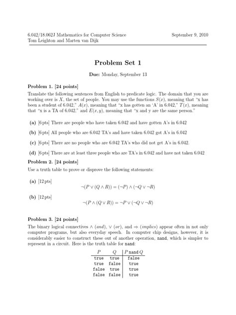 Problem Set 1 Pdf Logic Teaching Mathematics