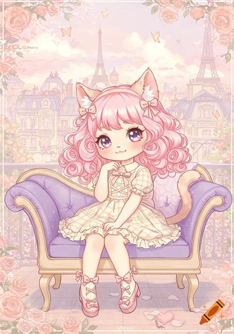 A Cute Kawaii Anime Girl With Pink Hair Cat Ears And A Blue Dress