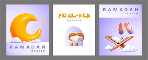 라마단 카림 이드 알 아드하 이드 알 피트 르 무바라크 세트 포스터 3d 달과 구름 Rehal 열린 꾸란 기도 손과 인사말 카드 벡터 일러스트 레이 션 3d Muslim