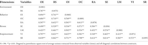 variable correlations and the discriminant validity for the measurement