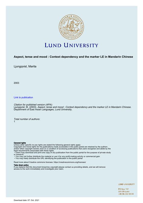 Aspect Tense And Mood Context Dependency And The Marker Le In