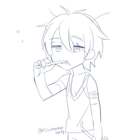 Safebooru 1boy Bare Arms Bare Shoulders Brushing Teeth Greyscale Hair