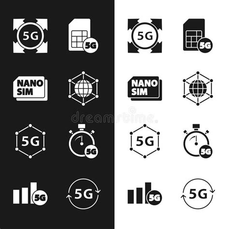 Set Social Network Nano Sim Card 5g Digital Speed Meter And Icon