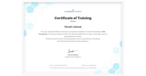 Khushi Jaiswal On Linkedin Successfully Completed The Web Development Training From Internshala