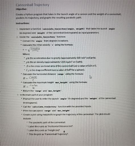 Solved Cannonball Trajectoryobjective Create A Python