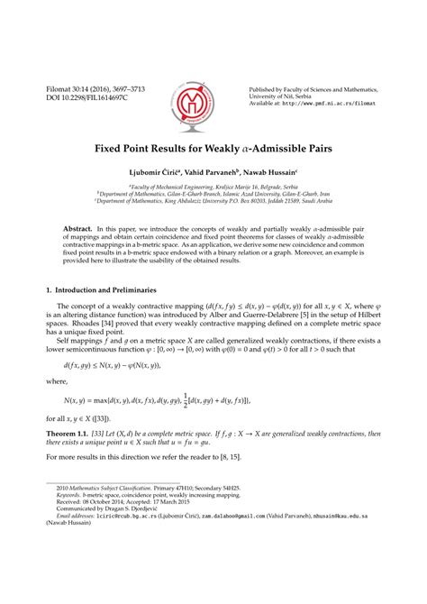Pdf Fixed Point Results For Weakly Alpha Admissible Pairs
