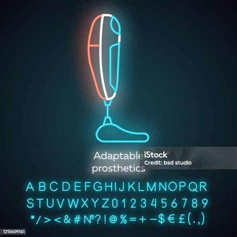적응 형 보철 네온 라이트 아이콘 본체 부분 교체 기계적 인공 사지 바이오닉 발 생명 공학 알파벳 숫자 및 기호와 빛나는 기호