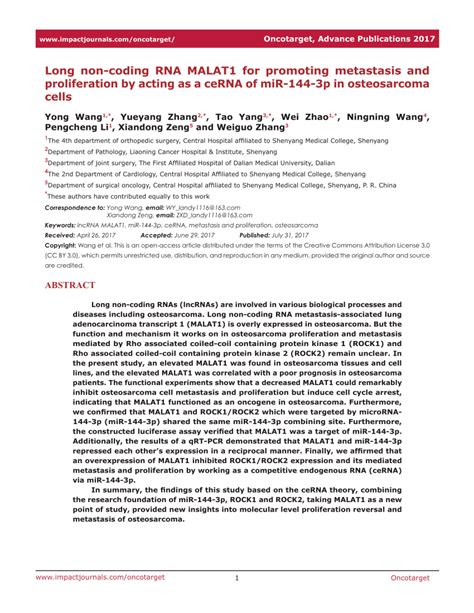Pdf Long Non Coding Rna Malat1 For Promoting Metastasis And Proliferation By Acting As A Cerna
