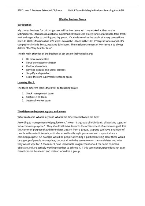 Btec Level 3 Business Extended Diploma Unit 9 Team Building In Business Assignment 1 Distinction