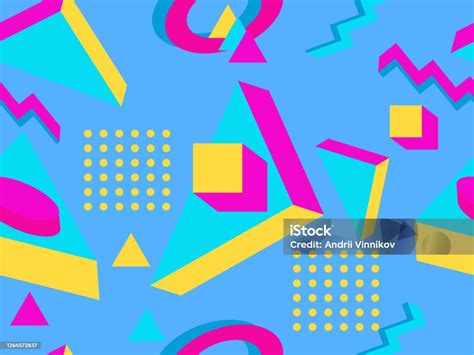 80 년대 스타일의 기하학적 모양과 원활한 패턴 3d 등분계 기하학적 추상적 배경 홍보 제품 포장지 및 인쇄배경 벡터 일러스트레이션 1980 1989 년에 대한 스톡 벡터