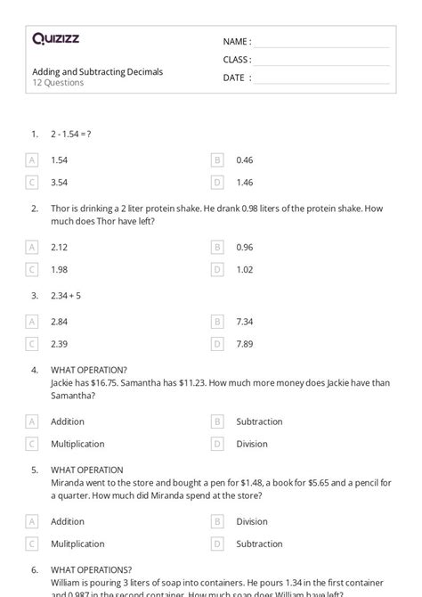 50 Subtracting Decimals Worksheets For 6th Grade On Quizizz Free And Printable