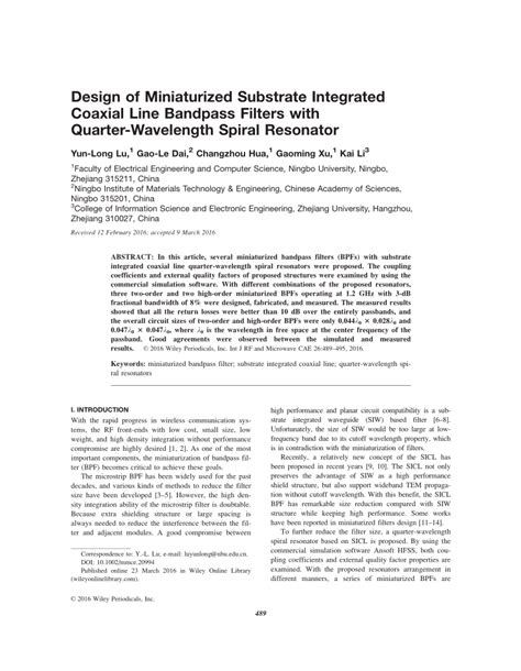 Pdf Design Of Miniaturized Substrate Integrated Coaxial Line Bandpass Filters With Quarter