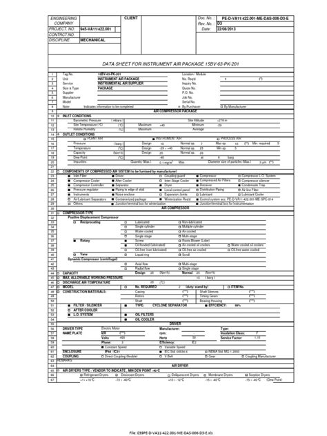 Data Sheet For Instrument Air Package 15bv 63 Pk 201 Doc No