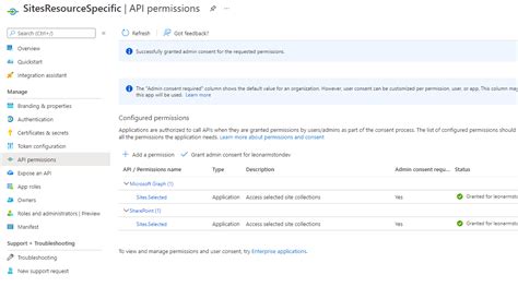 use sites selected permission with fullcontrol rather than write or