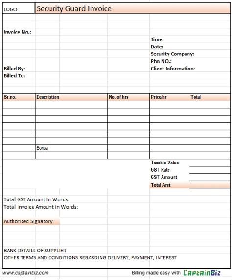 Security Guard Invoice Format And Security Guard Invoice Template