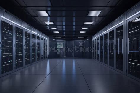 rows of server racks in a data center hallway stock illustration