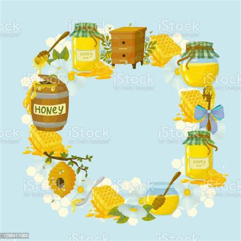 벌집 배경에 꿀과 꿀벌항아리에서 프레임 천연 꿀벌 꿀 파란색 배경에 고립 된 만화 스타일의 벡터 일러스트레이션에 그려진 화환 0명에 대한 스톡 벡터 아트 및 기타 이미지
