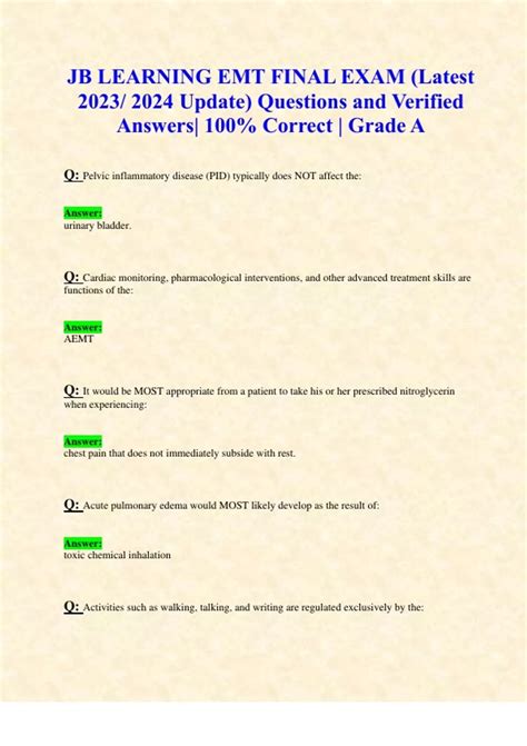 JB LEARNING EMT FINAL EXAM Latest Update Questions And Verified Answers