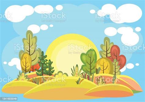 평평한 가을 숲 나무와 아름다운 풍경 하늘 심플한 상징적 스타일로 일러스트레이션 재미있는 장면 만화 디자인 국가 야생 식물 벡터 0명에 대한 스톡 벡터 아트 및 기타 이미지