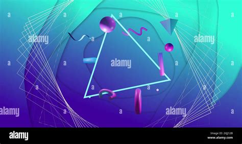 Image Of 3d Network Structure With Rotating Triangle And 3d Shapes On Abstract Blue Background