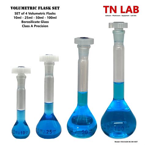 Tn Lab Supply Volumetric Flask 4 Piece Glass Set 10ml 25ml 50ml 100ml