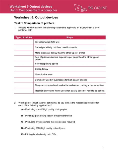 Computer Components Worksheet 5 Pdf
