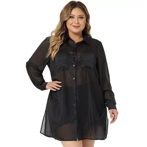 Plus Size Shirt For Women Long Sleeve Button Down Black Sheer Blouses