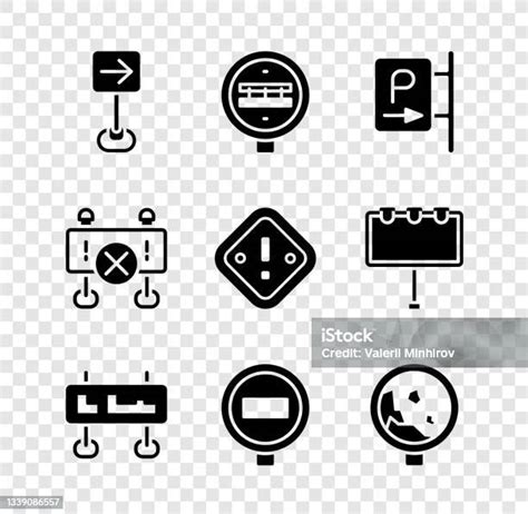 설정 교통 표지판 우회전 철도 횡단 주차 도로 교통 정지 경고 바위 장벽 및 느낌표 삼각형 아이콘 벡터 간판에 대한 스톡 벡터 아트 및 기타 이미지 Istock