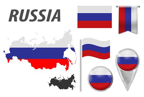러시아 흰색 배경에 격리 된 다양한 개체에 색상 국기 기호의 3d 세트 플래그 포인터 버튼 흔들기 와 깃발 상세한 개요지도와 플래그 내부 국가 3차원 형태에 대한 스톡 벡터
