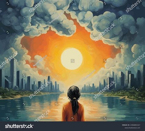 Anime Girl Watching Beautiful Sunset Digital Stock Illustration