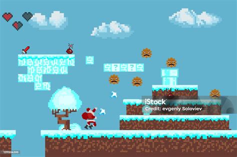 컴퓨터 픽셀 게임 인터페이스 산타 클로스 캐릭터 8 비트 보기 비디오 게임에서 영웅 전투 눈이 있는 픽셀 겨울 2차 도형에 대한 스톡 벡터 아트 및 기타 이미지 Istock