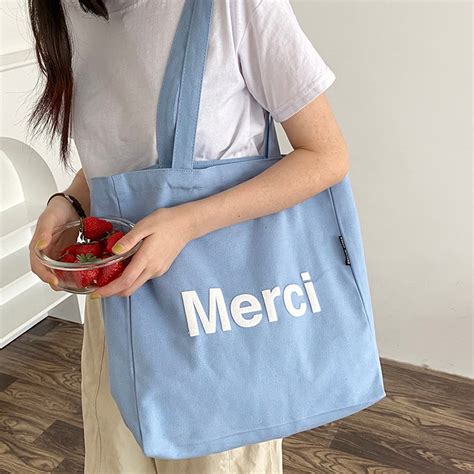 파리 여성용 코튼 캔버스 숄더백 3d 프렌치 Merci 프린트 에코 천 식료품 쇼핑백 책 핸드백 여성 캐주얼 토트숄더