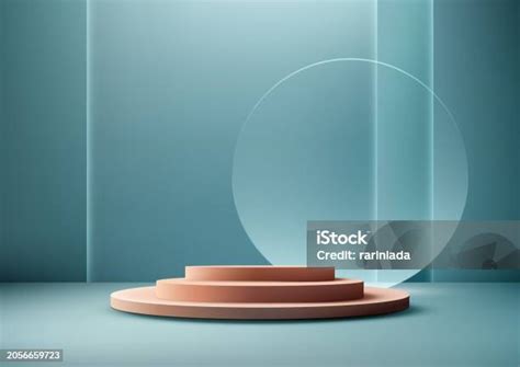 최신 3d 연단 모형 세련된 베이지 디자인 원형 투명 유리 배경 파란색 배경 3차원 형태에 대한 스톡 벡터 아트 및 기타 이미지 3차원 형태 가정의 방 강단 Istock