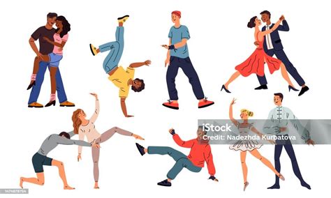 춤추는 커플 캐릭터 수행 무대 의상을 입은 남자와 여자 현대 스포츠 댄스 볼룸 안무 발레와 탱고 댄서 클럽 엔터테인먼트 화려한 벡터 세트 개체 그룹에 대한 스톡 벡터 아트