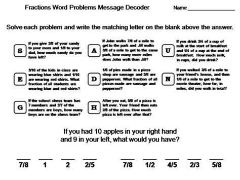 Fractions Word Problems Worksheet Math Message Decoder Teaching Resources