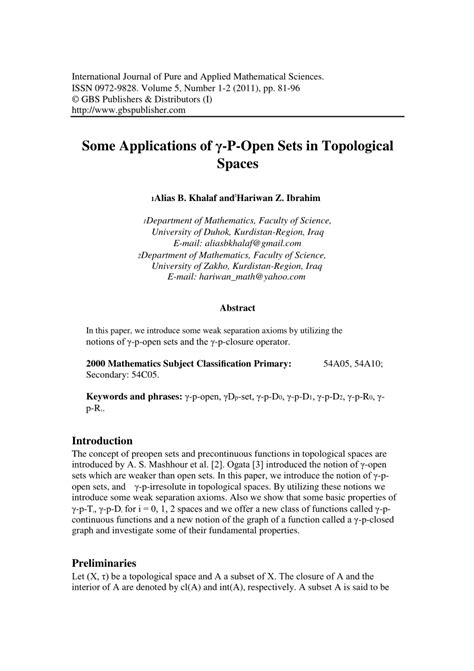 Pdf Some Applications Of γ P Open Sets In Topological Spaces