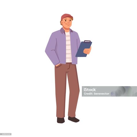 농업 경제학자 또는 기업가가 비즈니스에 대한 정보가 담긴 노트북을 들고 있습니다 농업 직업 농업 과정 관리 플랫 스타일의 벡터