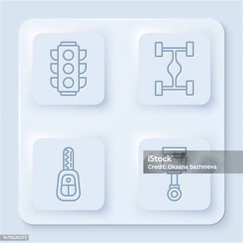 라인 신호등 섀시 자동차 리모컨이 있는 자동차 키 및 엔진 피스톤을 설정합니다 흰색 사각형 버튼 벡터 강철에 대한 스톡 벡터 아트 및 기타 이미지 Istock