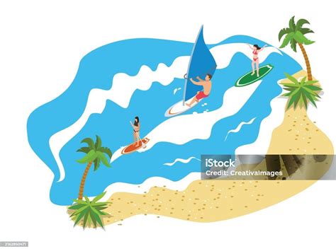 여름 수상 해변 스포츠 활동 돛으로 탑승하십시오 보드에 서서 윈드 서핑과 서핑을 배우는 남성과 여성 물 위에서 윈드서핑 훈련 익스트림 스포츠 3d 아이소 메트릭 벡터