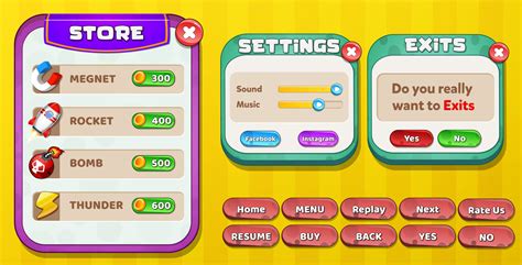 casual game ui menu popups with buttons and game assets 4249441 vector
