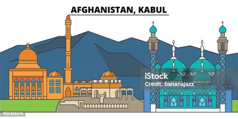 아프가니스탄 카불 도시 스카이 라인 건축 건물 거리 실루엣 풍경 파노라마 랜드마크 편집 가능한 스트로크입니다 평면 디자인 라인 벡터 일러스트 레이 션 개념입니다 격리 된