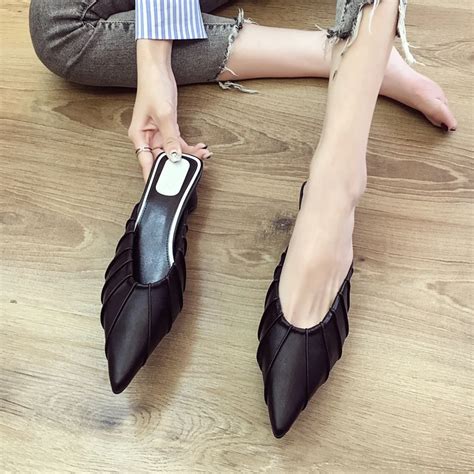 여성용 뮬 슬리퍼 캐주얼 슈즈 Pantofle Pointed Toe 스퀘어 힐 메드 슬라이드 럭셔리 여름 뉴 힐 블록 커버 Rubbe 슬리퍼 AliExpress