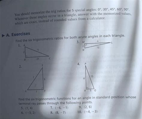 Solved You Should Memorize The Trig Ratios For 5 Special
